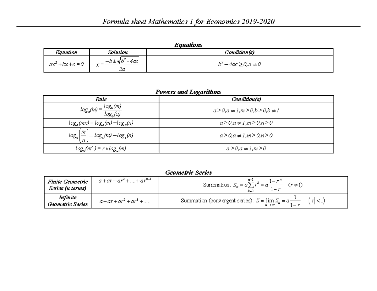 Mathematics 1 for Economics Formula Sheet 2019-2020 - Studeersnel