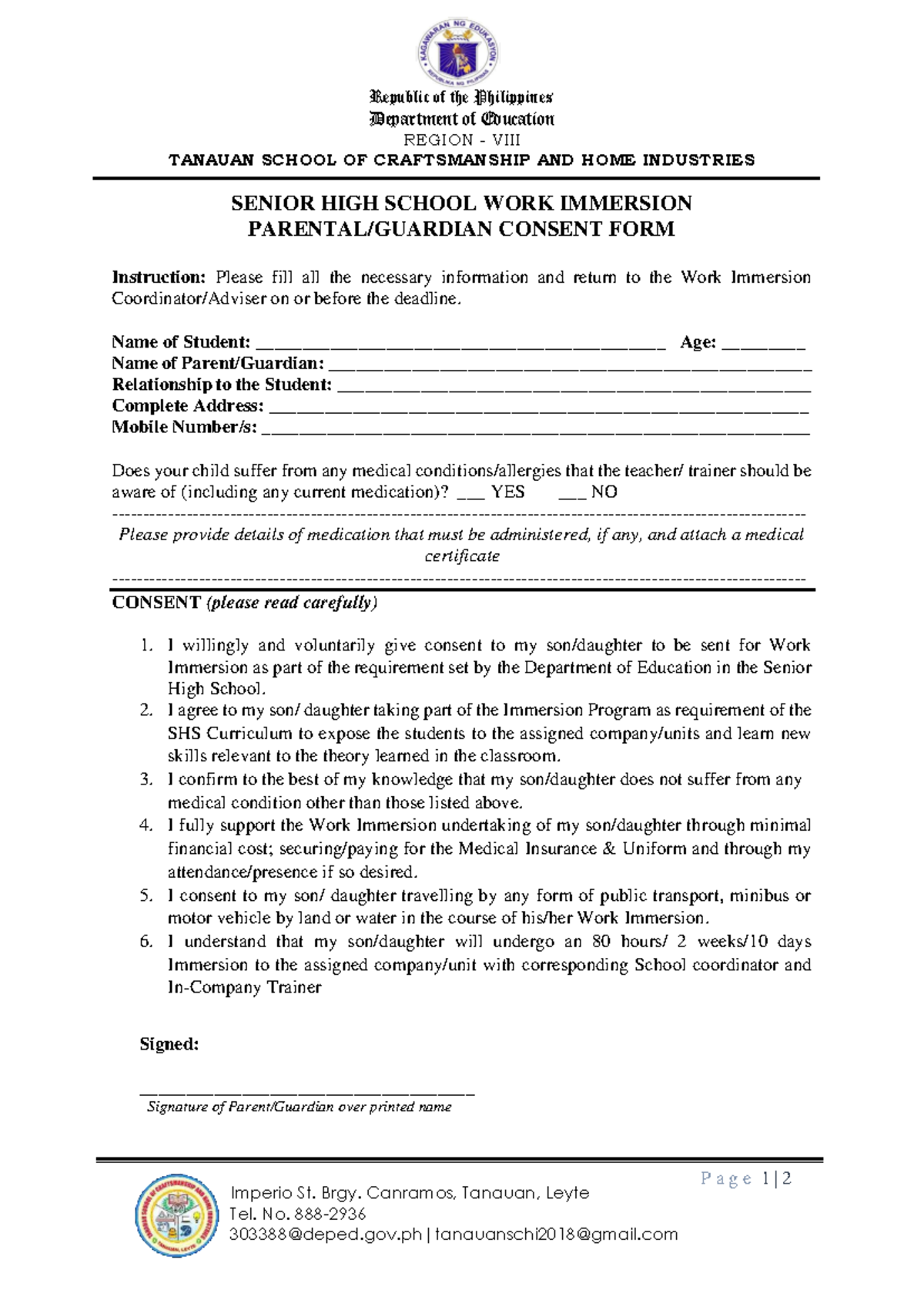 Senior High School Work Immersion: Parental Consent Form - Studocu