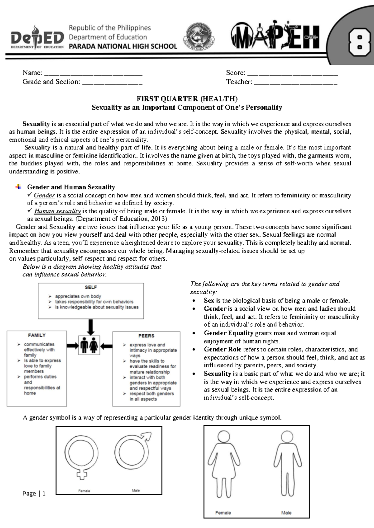Worksheet on Sexuality and Gender (Health 8Q1W3) - Studocu