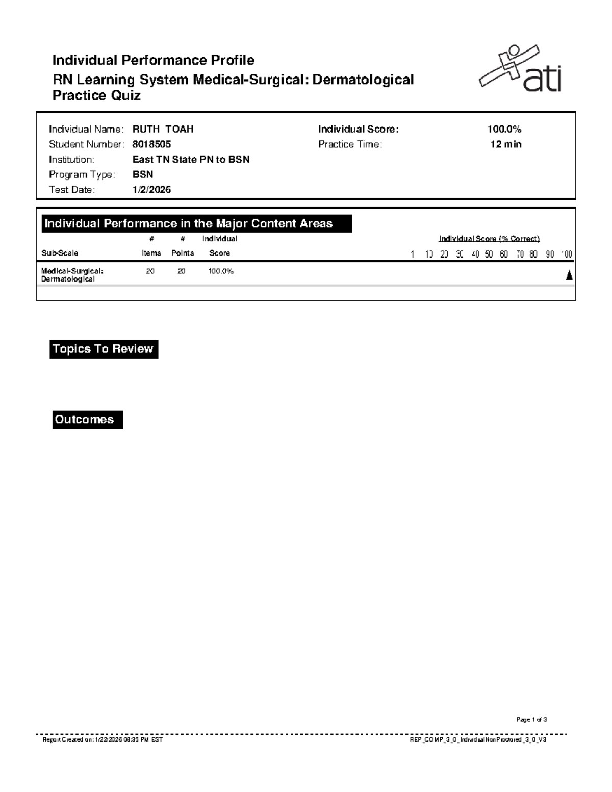 RN Dermatological Practice Quiz Performance Profile - Ruth Toah - Studocu