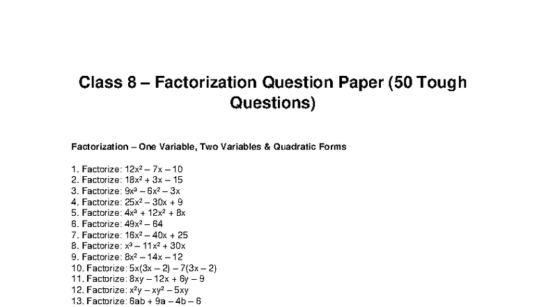 Factorization Class 8 – 50 Challenging Questions - Studocu