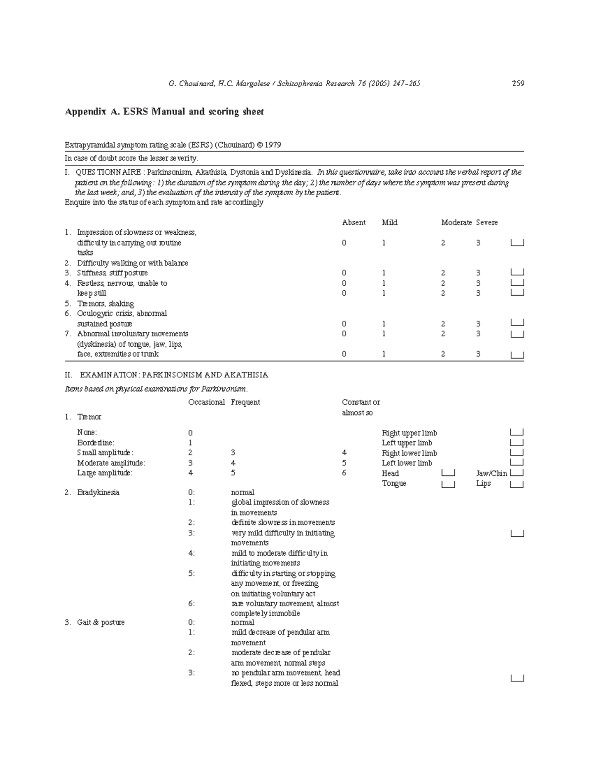 ESRS Manual & Scoring Sheet for Extrapyramidal Symptoms (Psychology ...