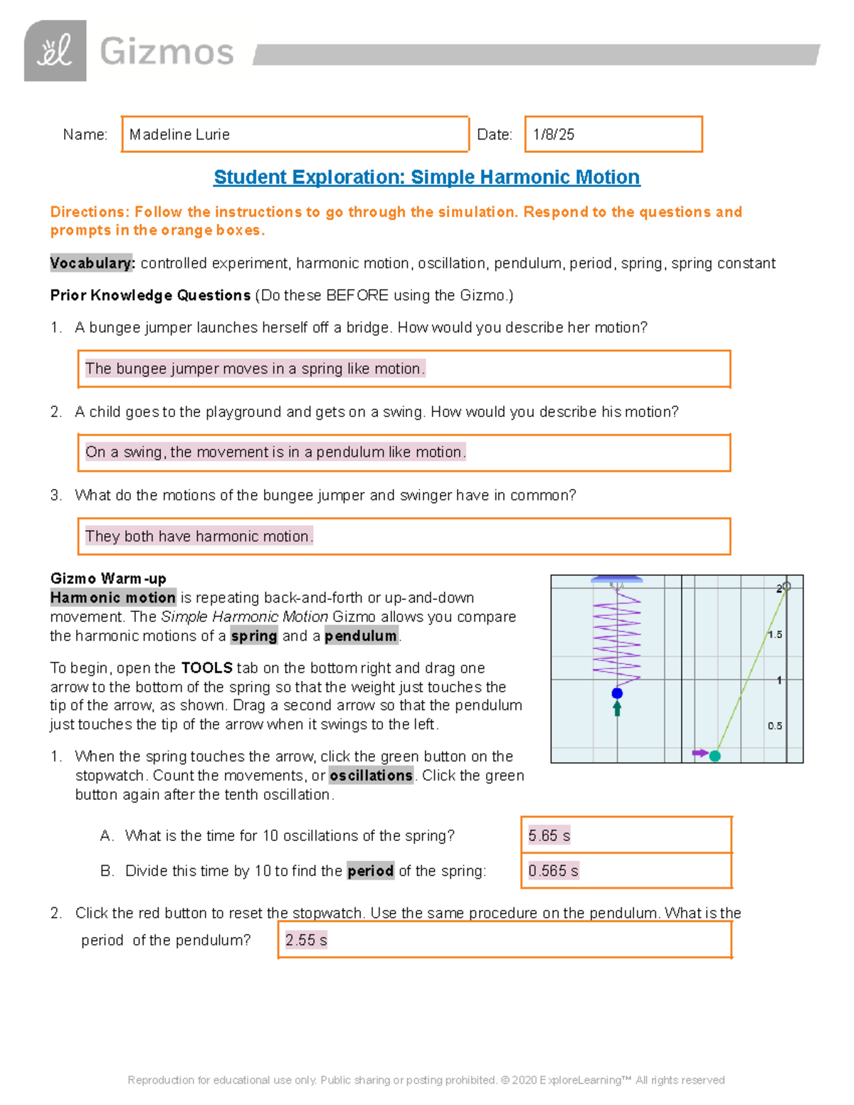 Lurie PHYS 101: Exploring Simple Harmonic Motion with Gizmo Simulation - Studocu