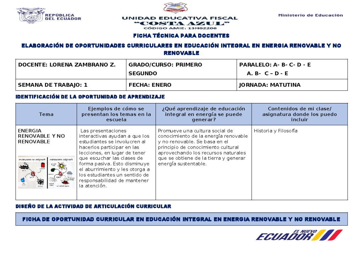 Planificación de Oportunidades Curriculares en Energía Renovable y No ...