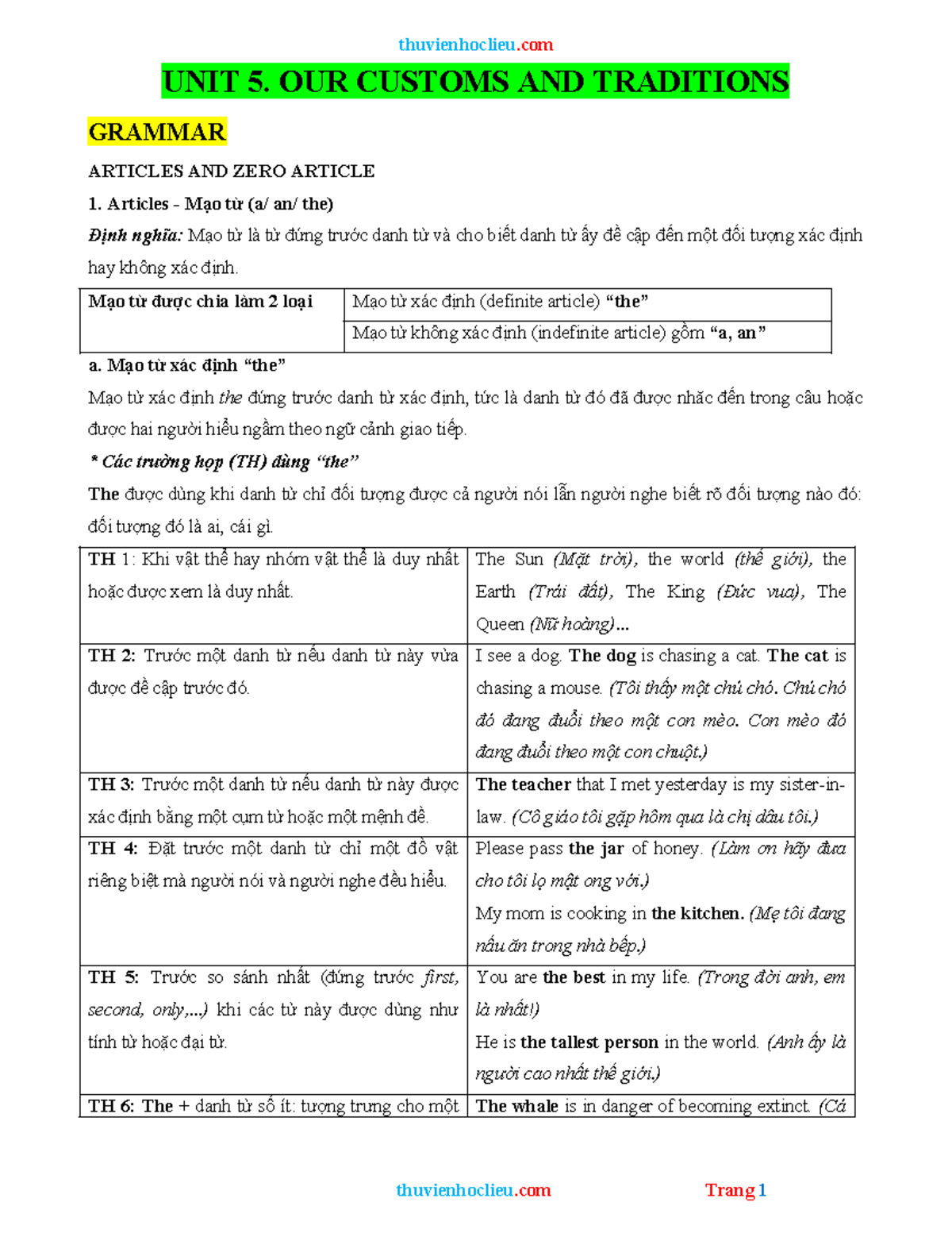 Thuvienhoclieu.com - Unit 5: Our Customs and Traditions - Grammar on ...