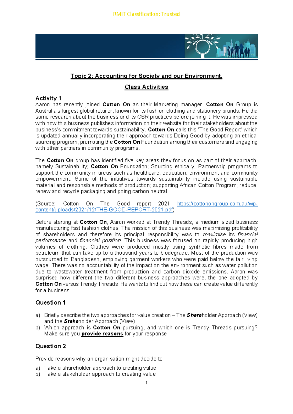Topic 2 Class Activity Solution ACCT 2060 - Accounting in Organisations ...