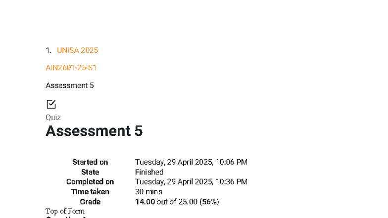 UNISA 2025 Assessment 5 Quiz Attempt Review and Results - Studocu
