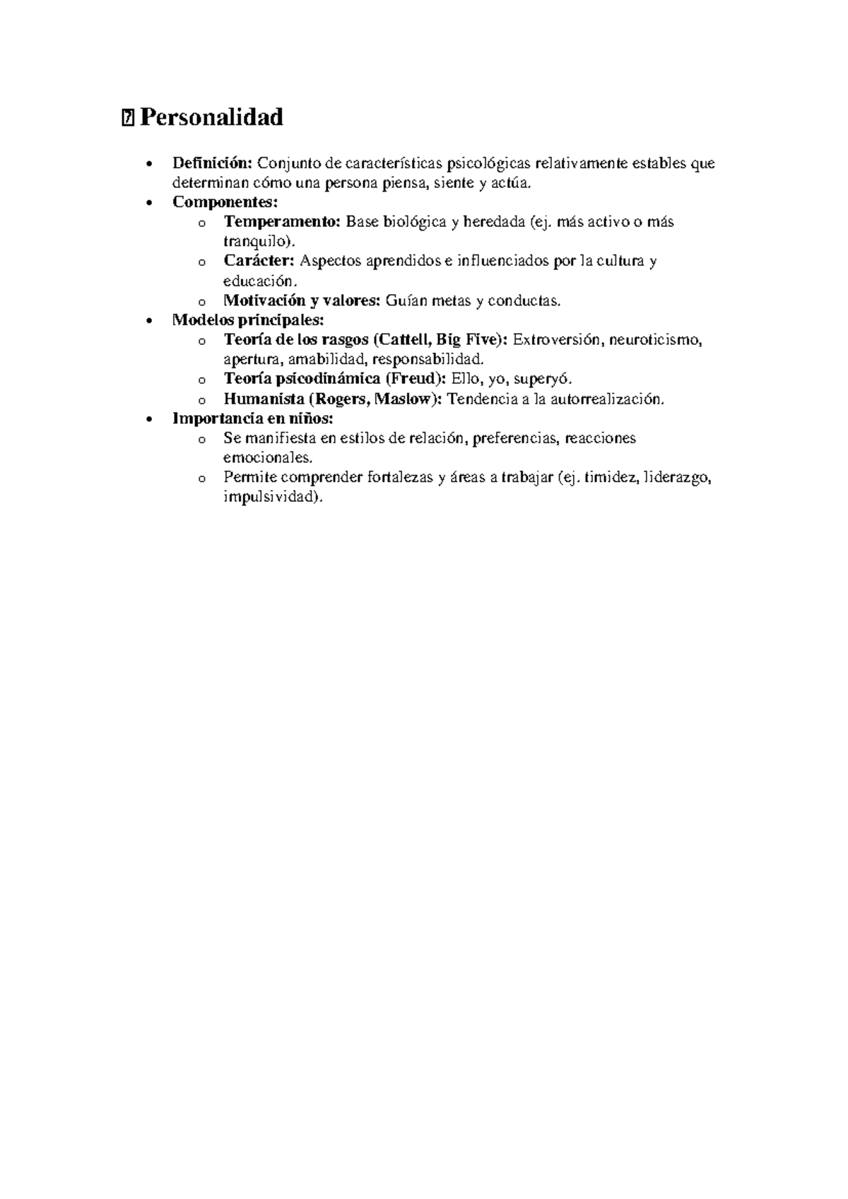 Apuntes sobre Personalidad: Definición y Modelos Psicológicos - Studocu