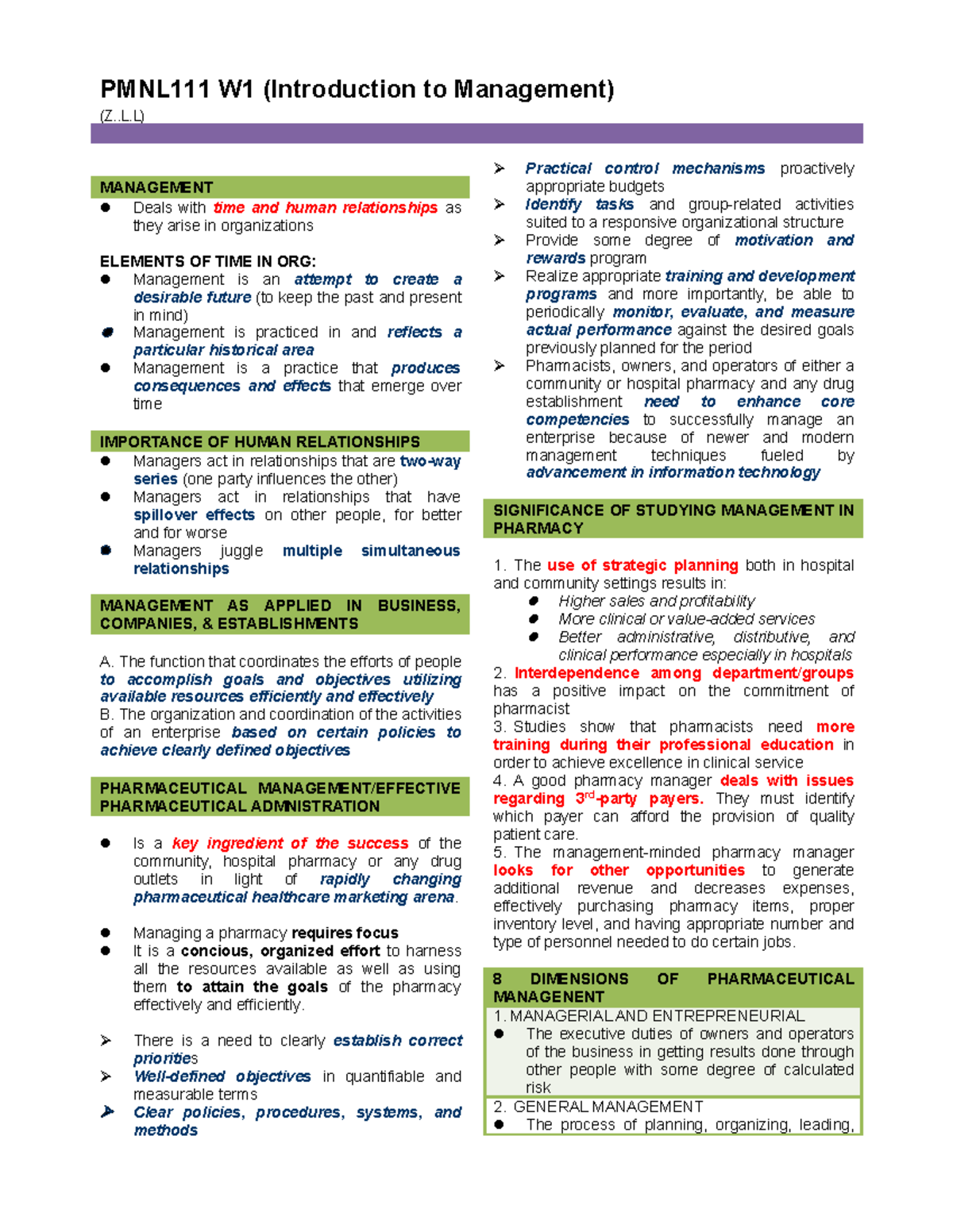 PMNL W1 - Introduction to Management in Pharmacy: Key Concepts and ...