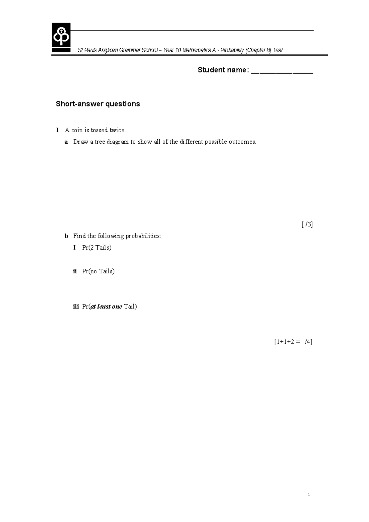 Yr 10 A Probability Practice Test (Chapter 8) - Studocu