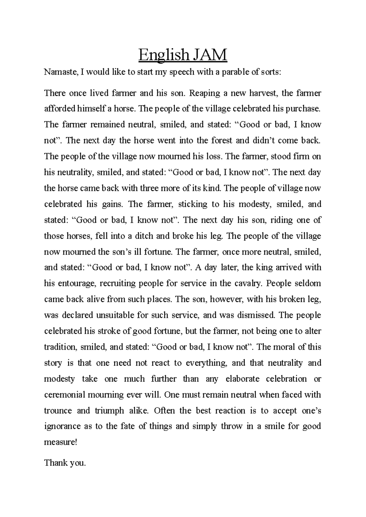 English JAM Speech: The Parable of the Farmer and His Son - Studocu