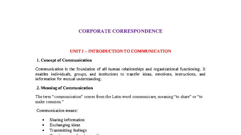 Corporate Correspondence Unit I: Intro to Communication Concepts - Studocu