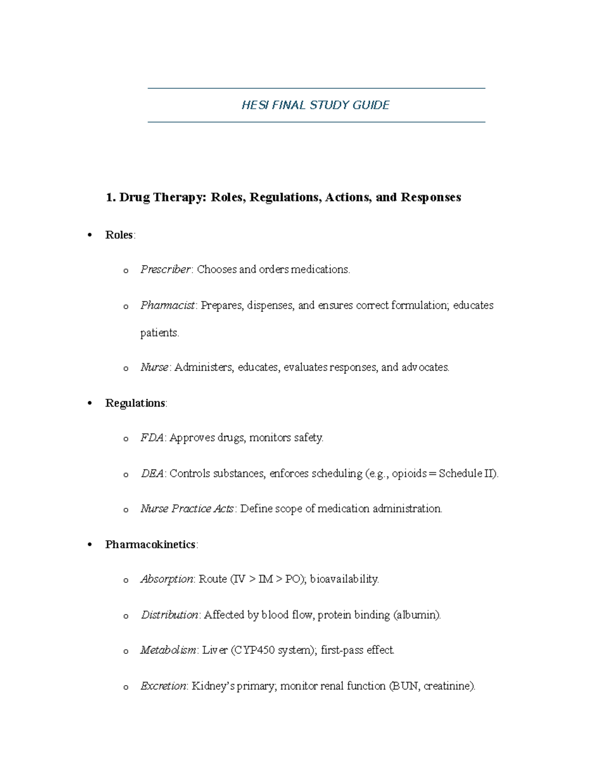 HESI Final Study Guide: Comprehensive Overview of Drug Therapy - Studocu