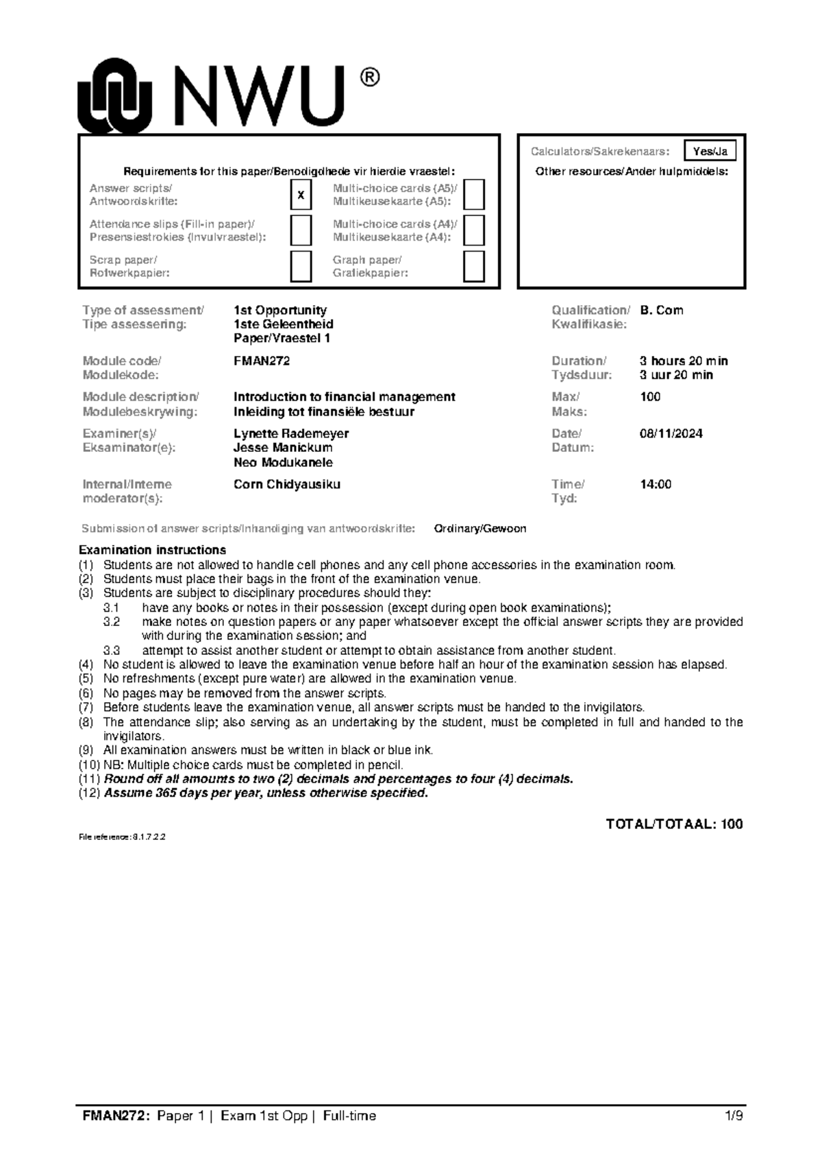 FMAN272: 1st Opportunity Exam 2024 - Financial Management Requirements ...