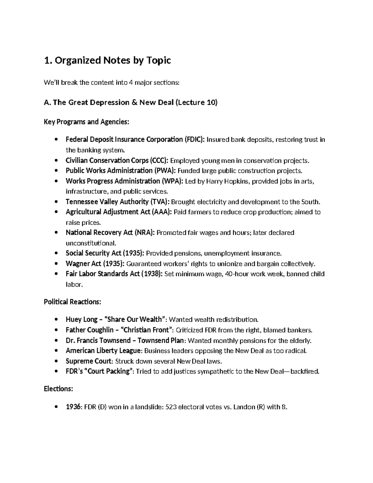 U.S. History Exam Notes: The Great Depression to WWII (Lectures 10-12 ...