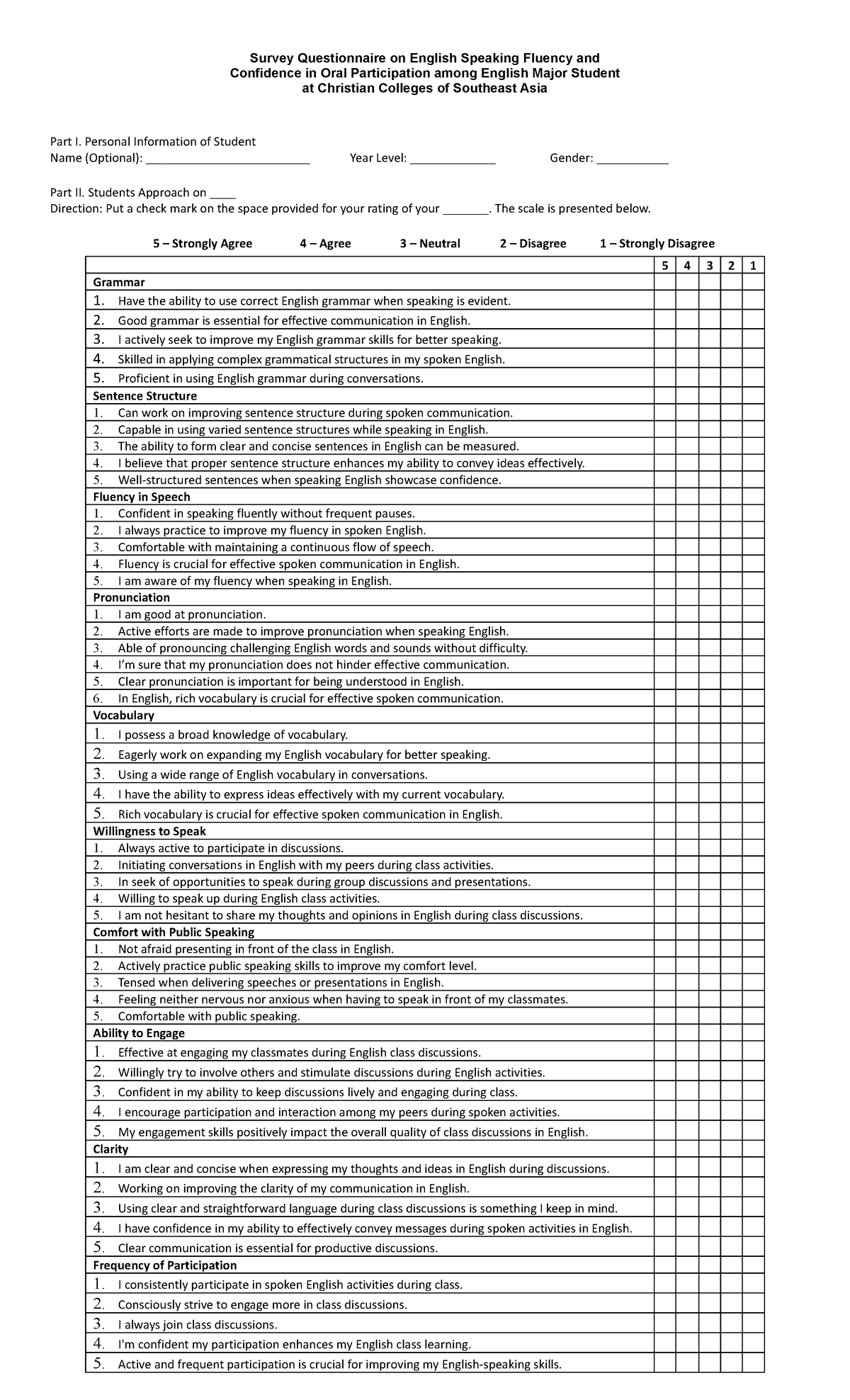 Survey Questionnaire on English Speaking Fluency - Major Students - Studocu