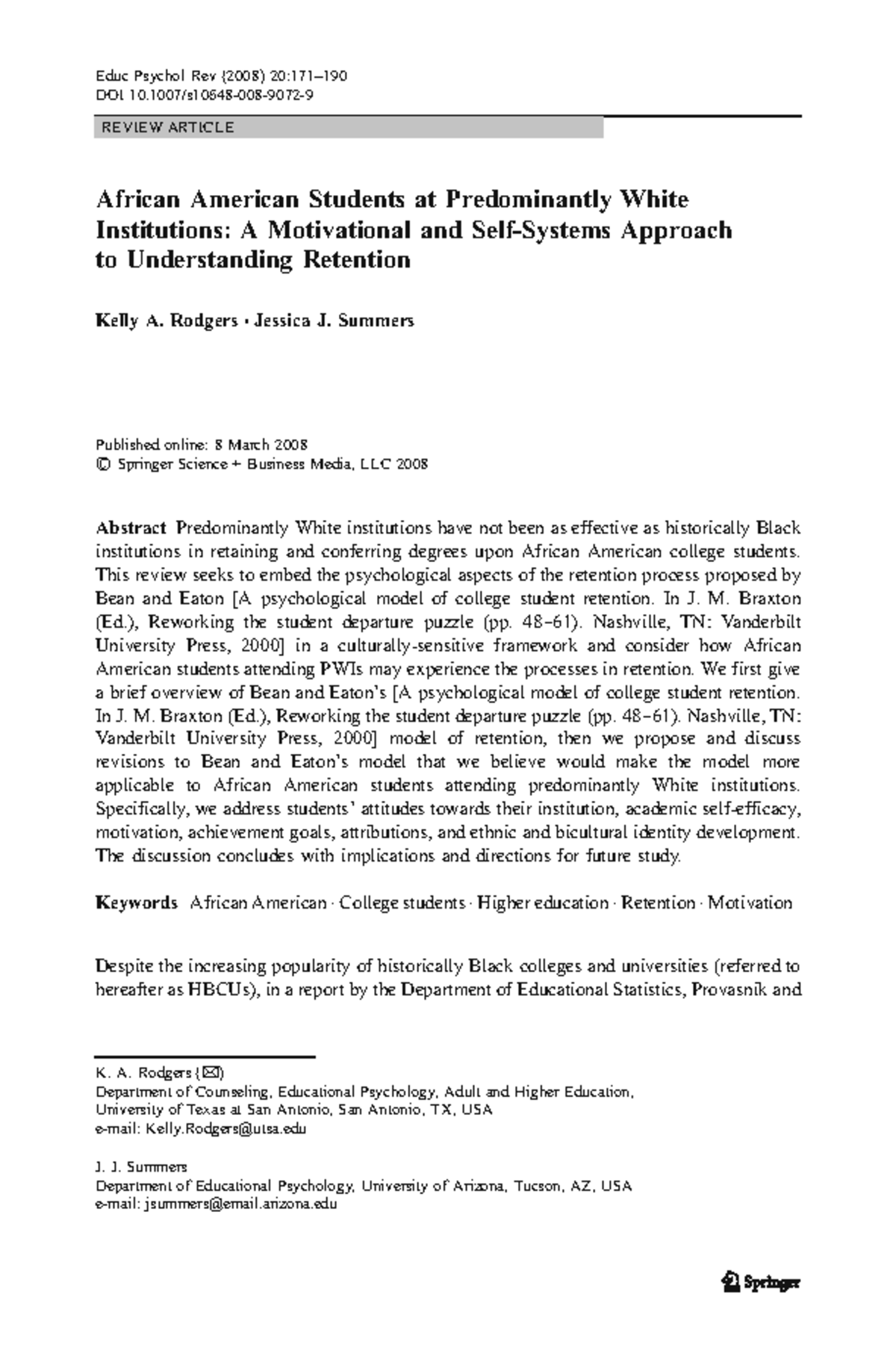 Revising Bean & Eaton's Retention Model for African American Students ...