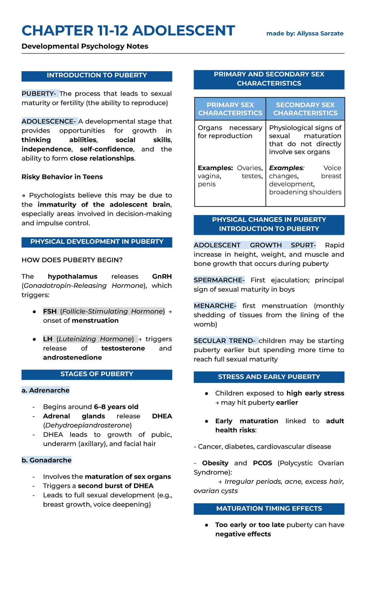 CHAPTER ADOLESCENT (PSY 101) Developmental Psychology Notes on Puberty ...