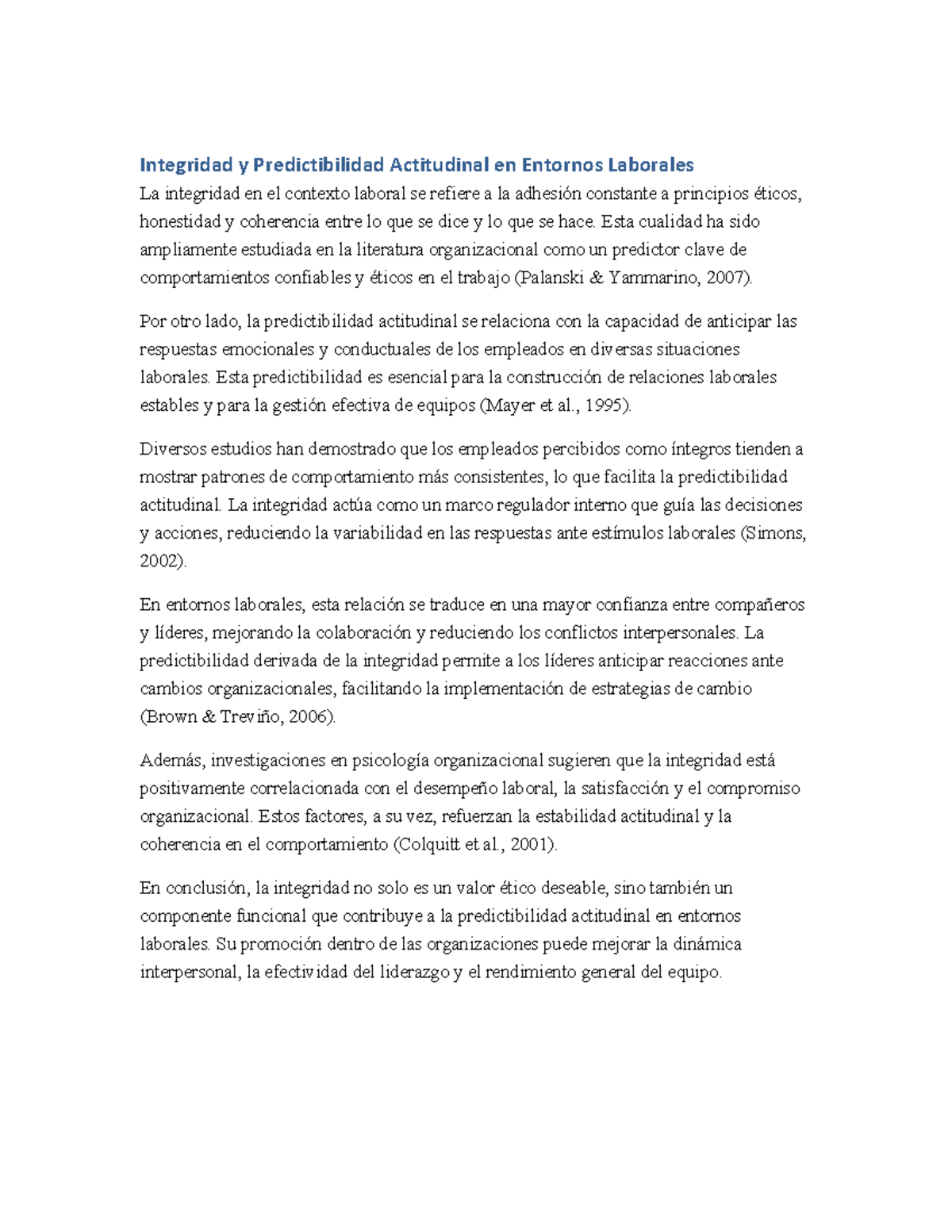 Integridad y Predictibilidad Actitudinal en Entornos Laborales - Studocu