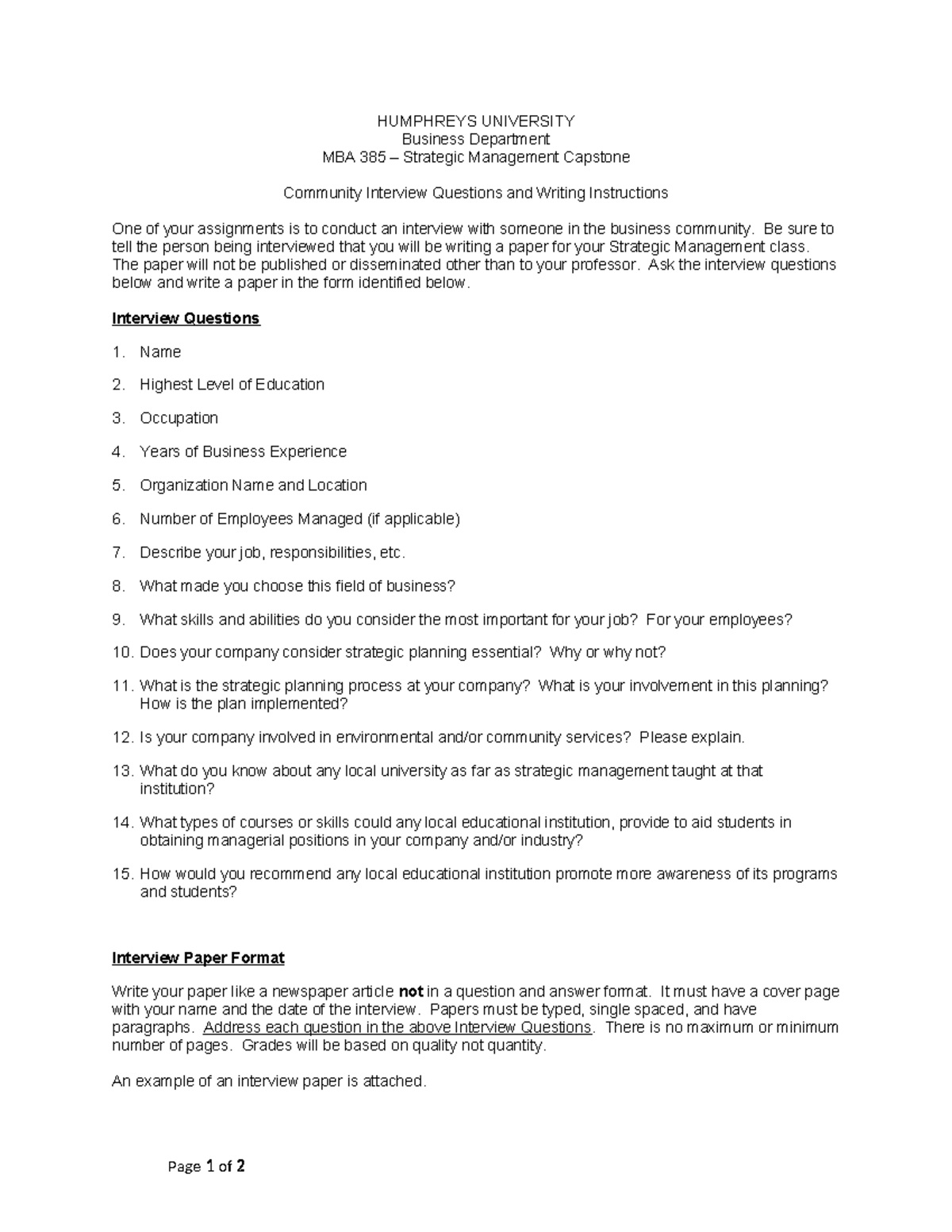 Community Interview Format MBA 385 - HUMPHREYS UNIVERSITY Business ...