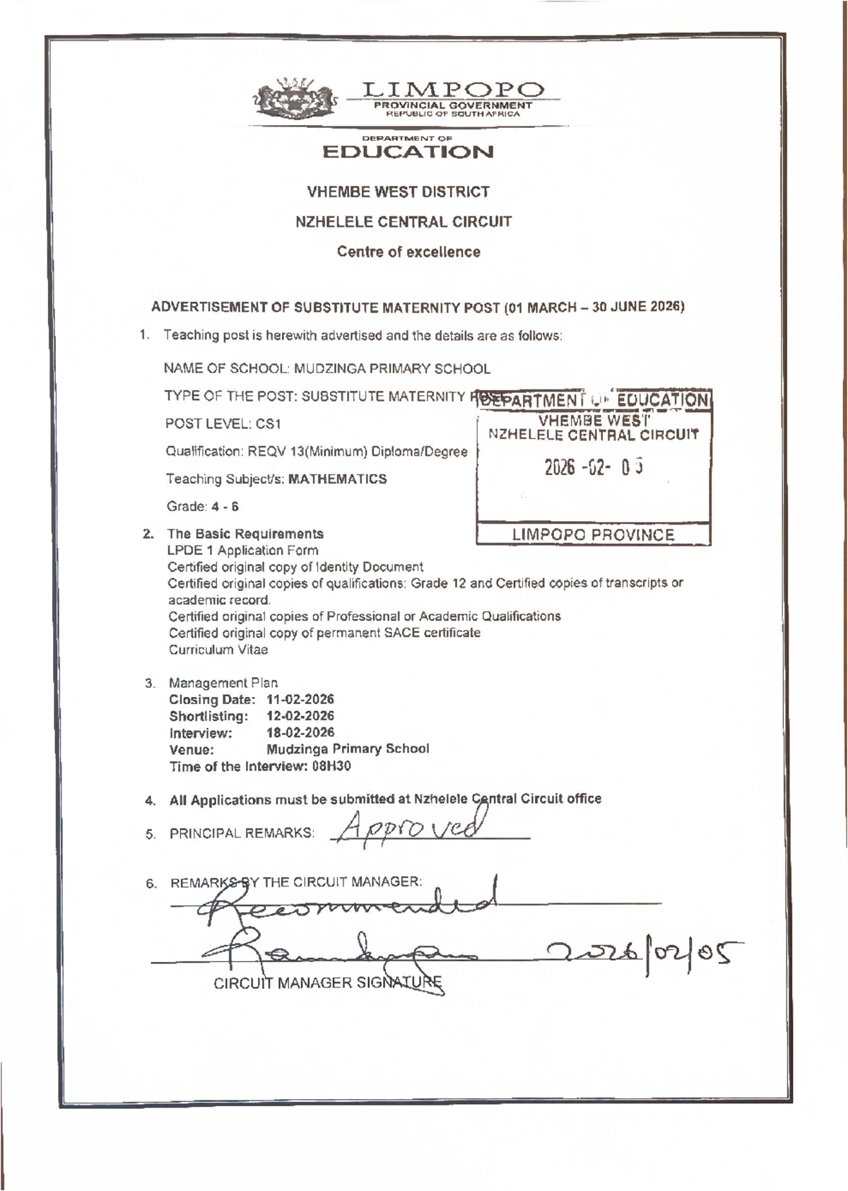LIMPOPO DEPT OF EDUCATION: Mudzinga Maternity Post Ad (2026) - Studocu