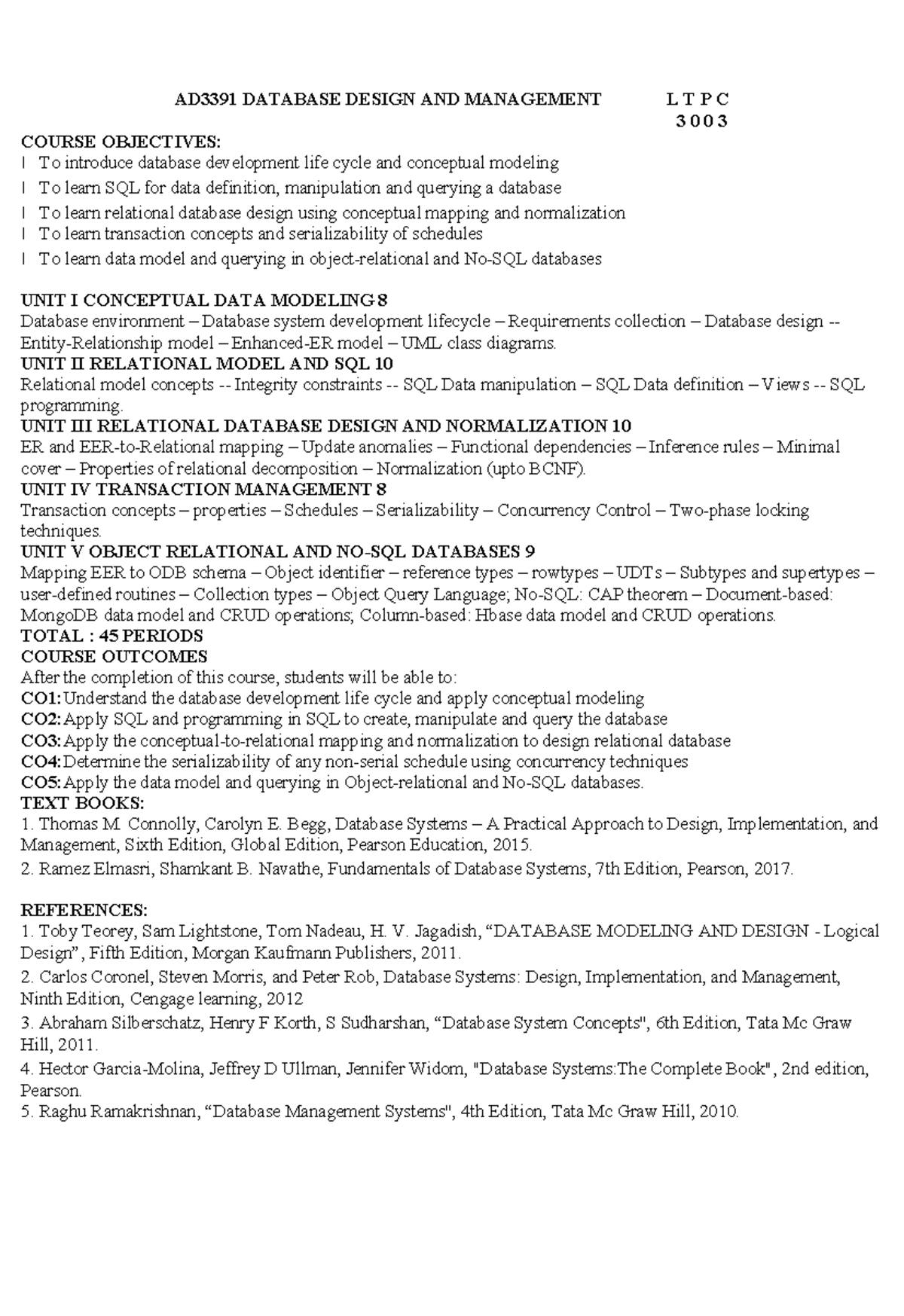 AD3391 Database Design & Management: Course Overview & Objectives - Studocu