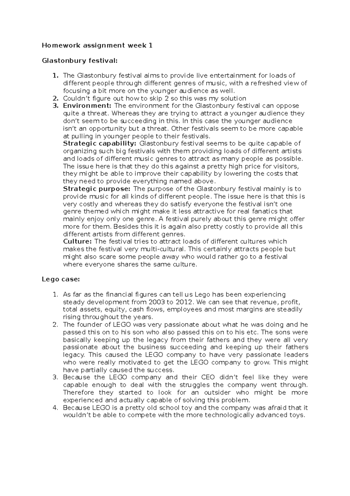 BUS 101 Homework Assignment Week 1: Glastonbury & Lego Case Analysis - Studeersnel