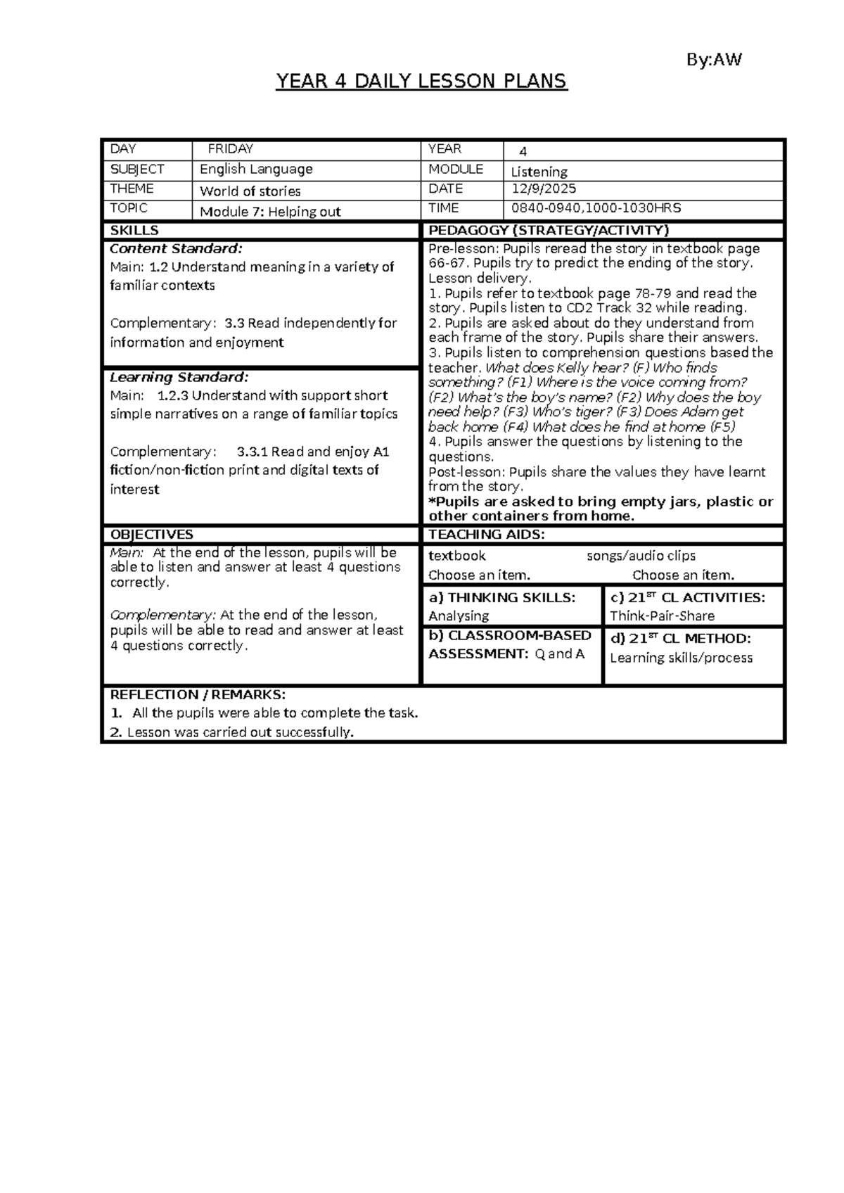Y4 E L107 - L112 (M7) Daily Lesson Plans for English Language - Studocu