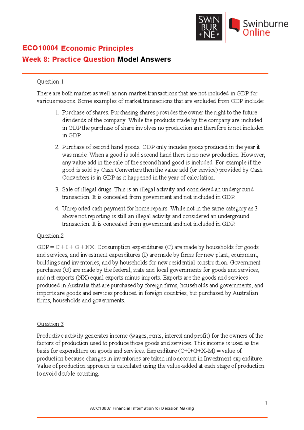 ECO10004 practice questions model answers week8 - ECO10004 Economic ...