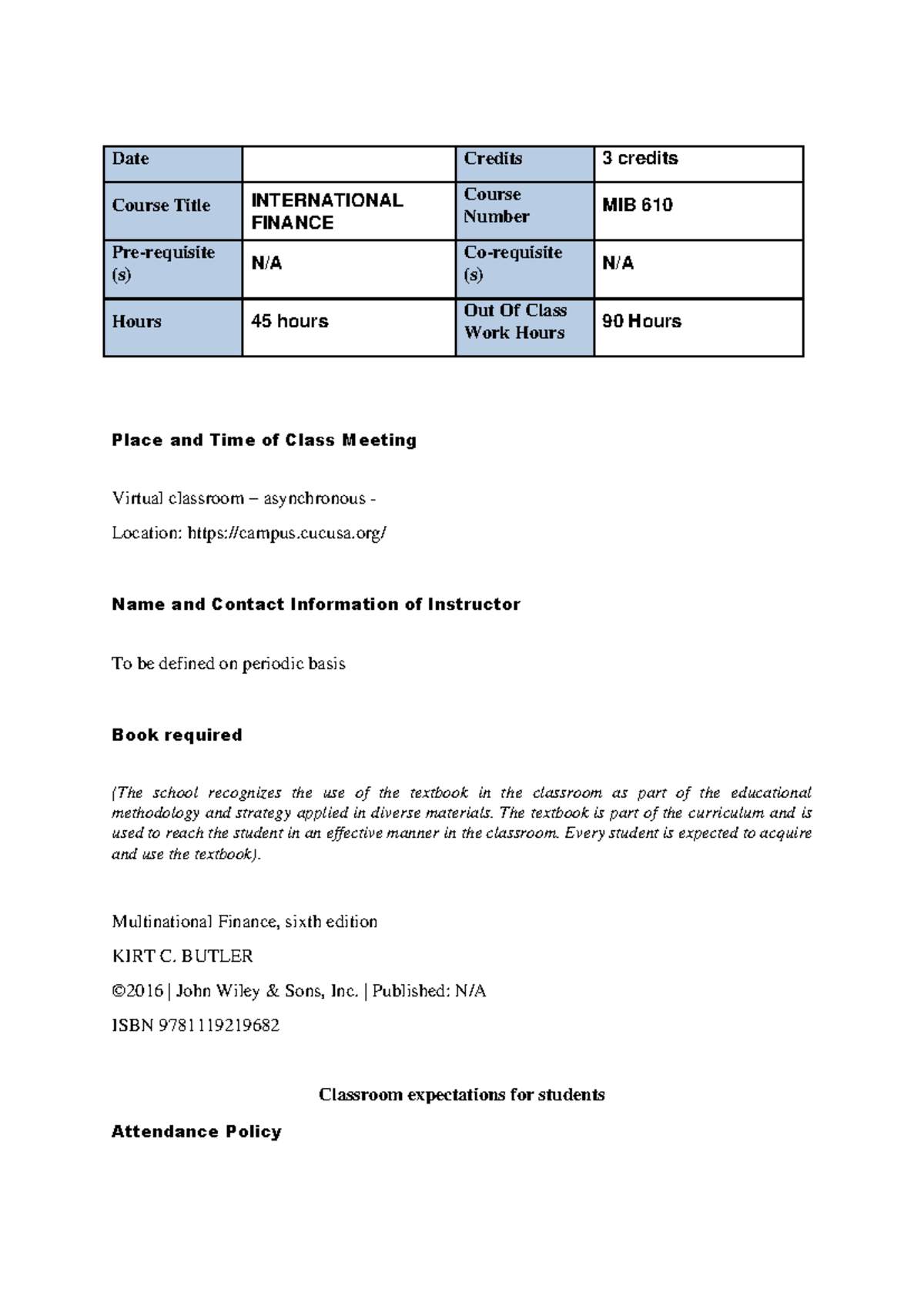 MIB 610 International Finance Course Overview and Expectations - Studocu