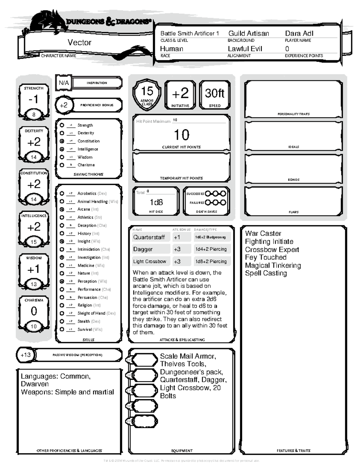 DnD 5E Character Sheet: Vector the Battle Smith Artificer - Studocu