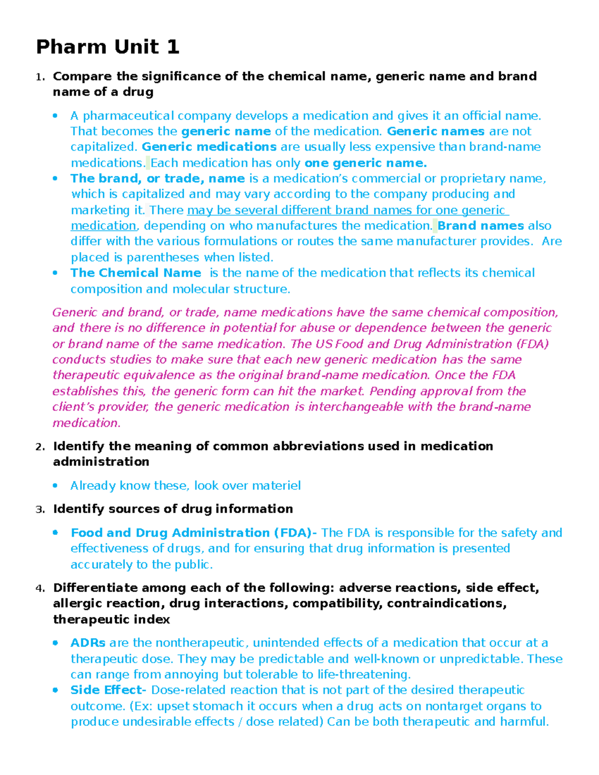 Pharm Unit 1 – Comprehensive Study Notes on Drug Names & Admin ...