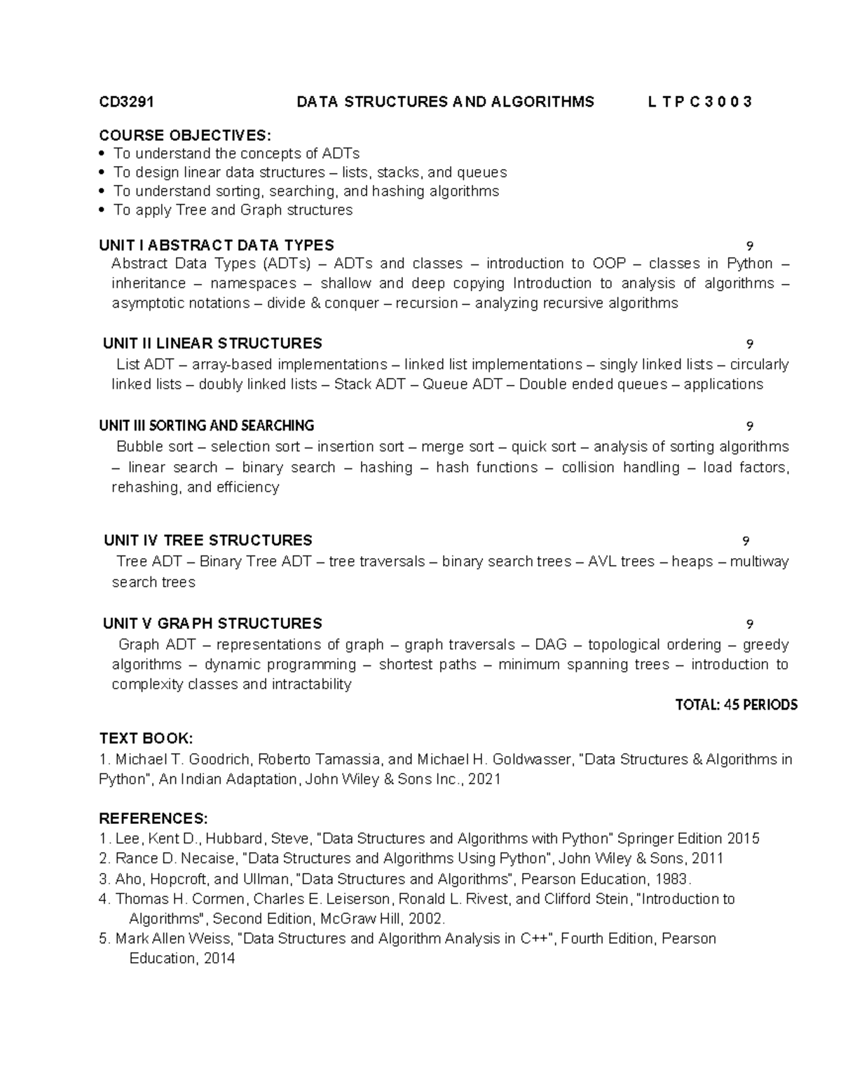 Syllabus-DSA - syllabus - CD3291 DATA STRUCTURES AND ALGORITHMS L T P C 3 0 0 3 COURSE ...