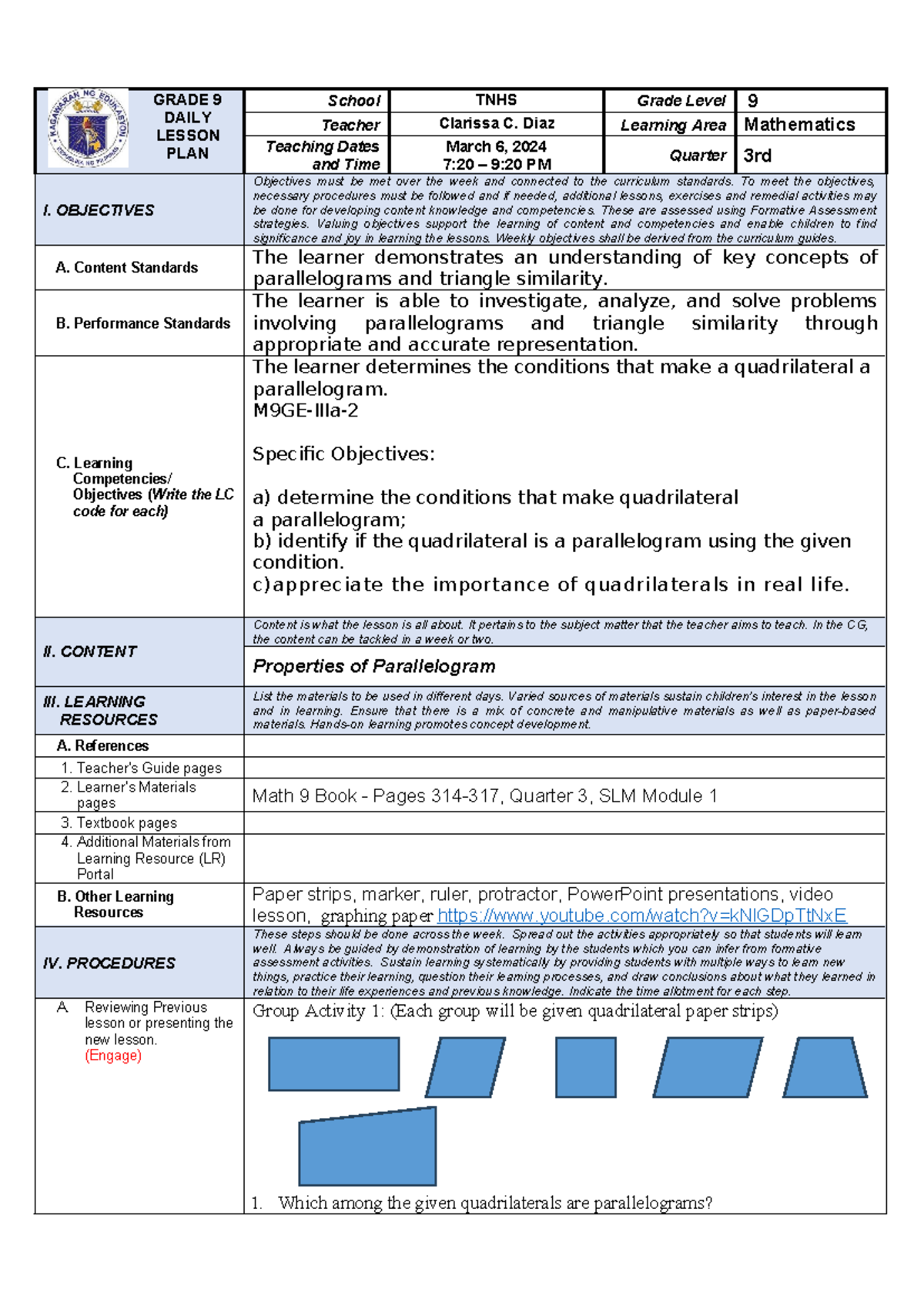 DLP - COT 3 - Grade 9 Math Lesson Plan on Parallelograms - Studocu