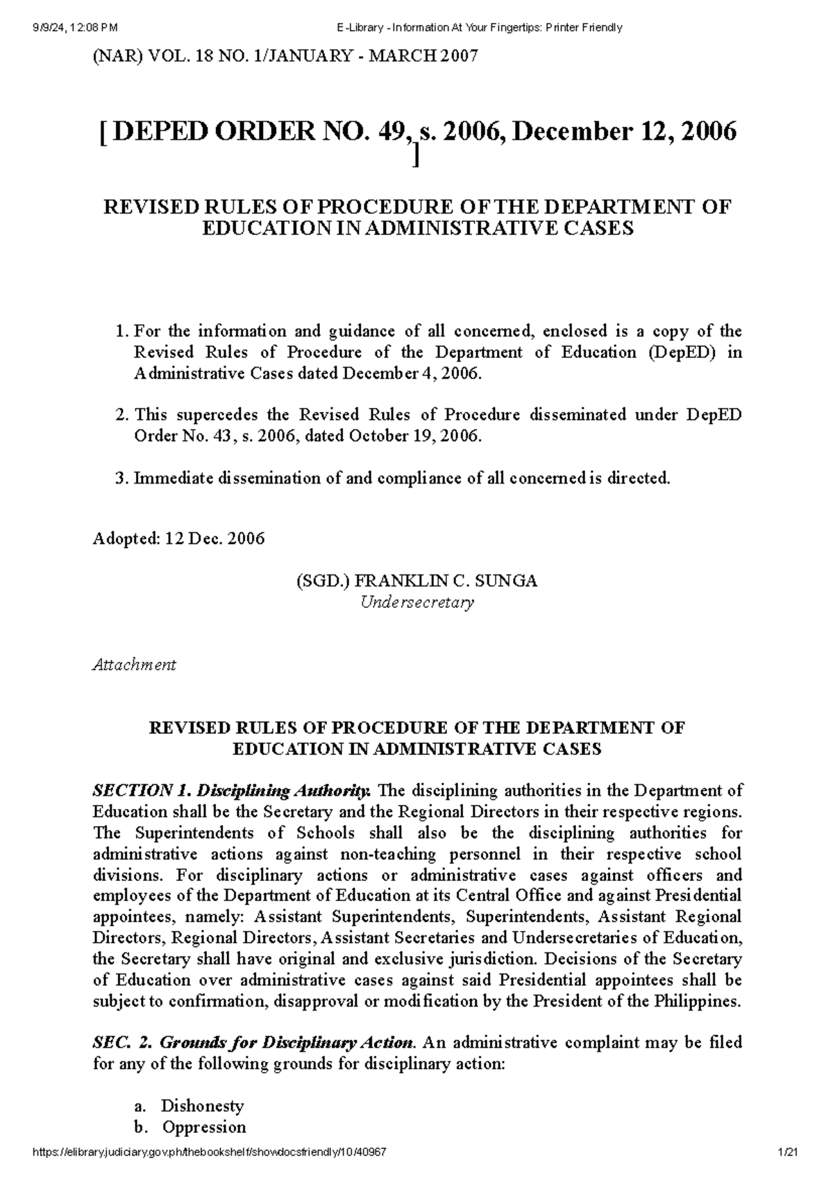 Revised Procedures in Edu Administrative Cases - DepEd Order 49, s. 2006 - Studocu