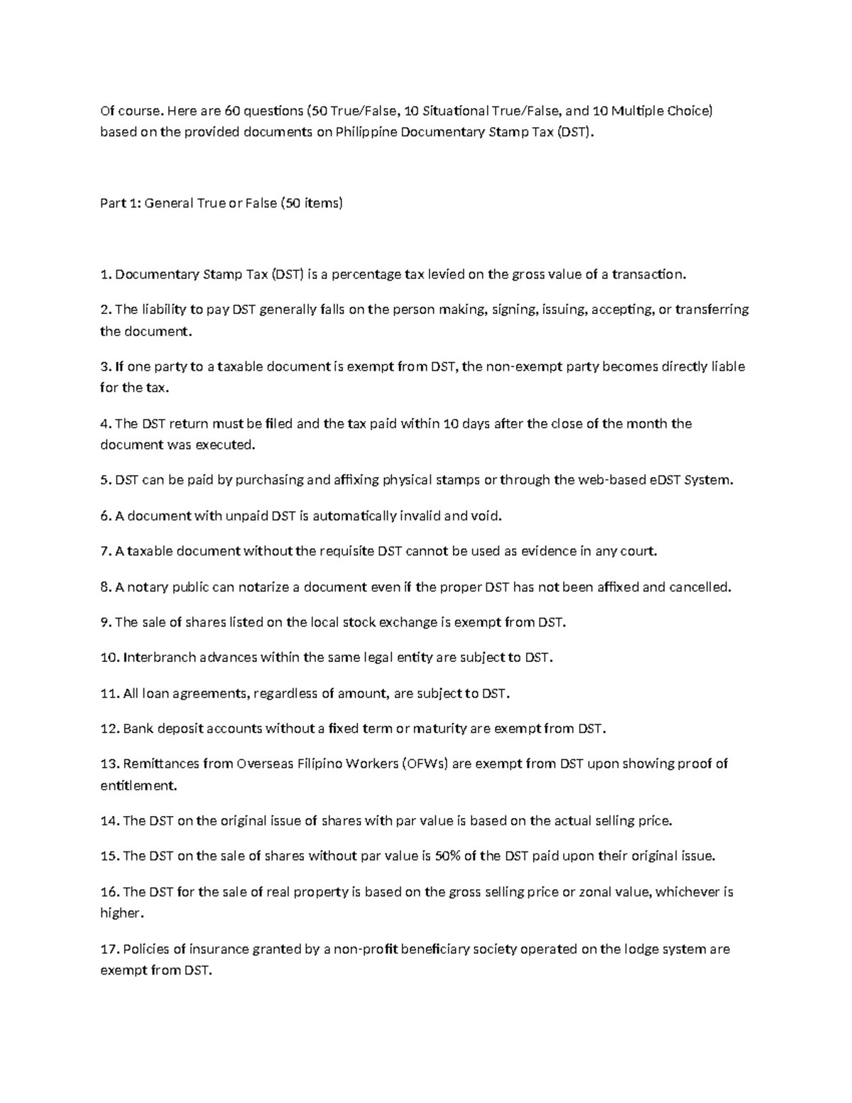 Philippine Documentary Stamp Tax (DST) Quiz: 60 Questions & Answers ...