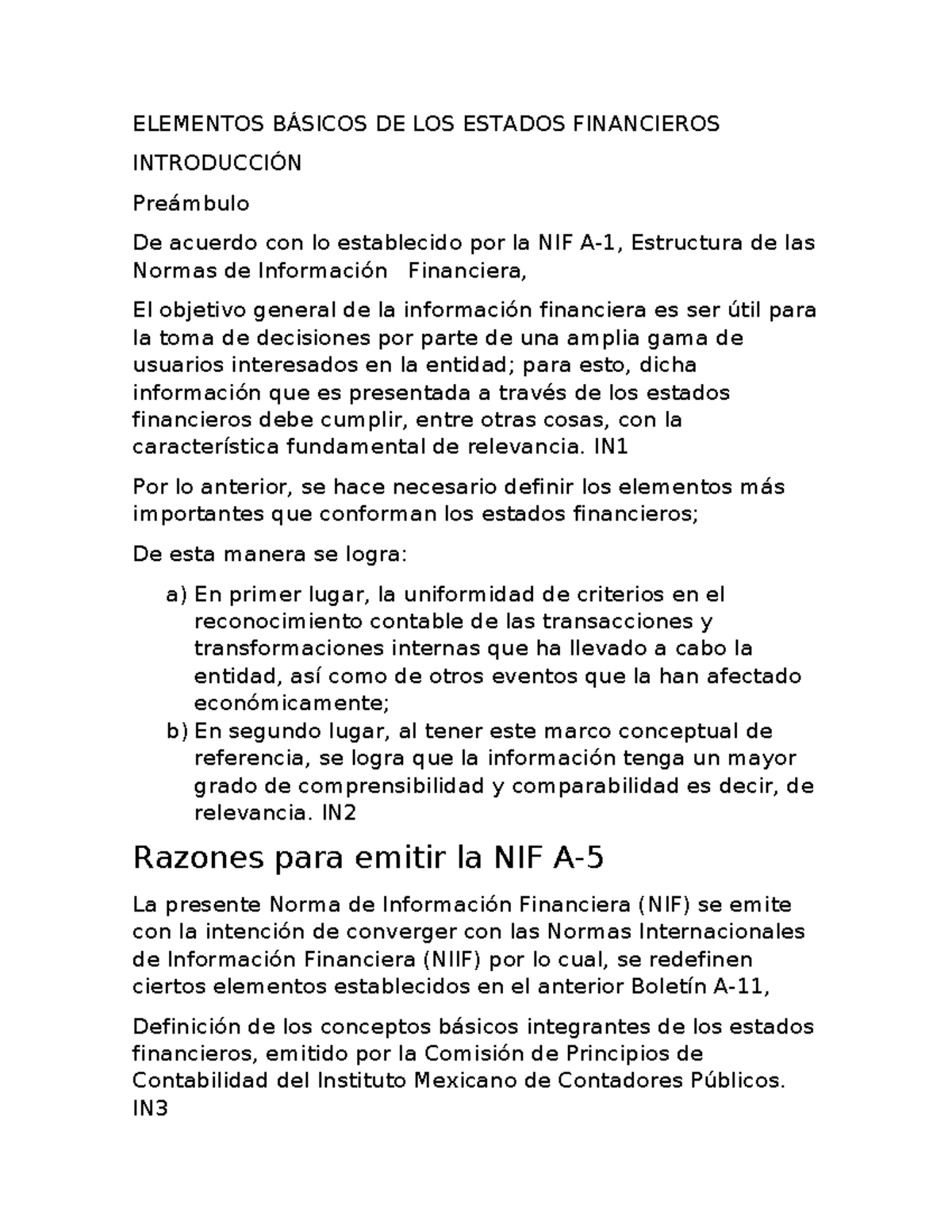 NIF A-5: Elementos Básicos de los Estados Financieros 2023 - Studocu