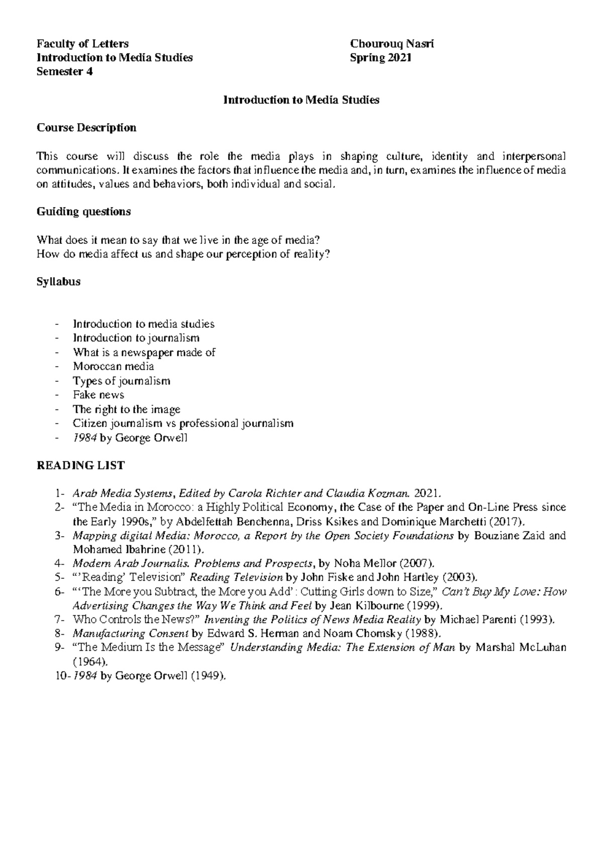 Introduction to Media Studies syllabus - Faculty of Letters ...