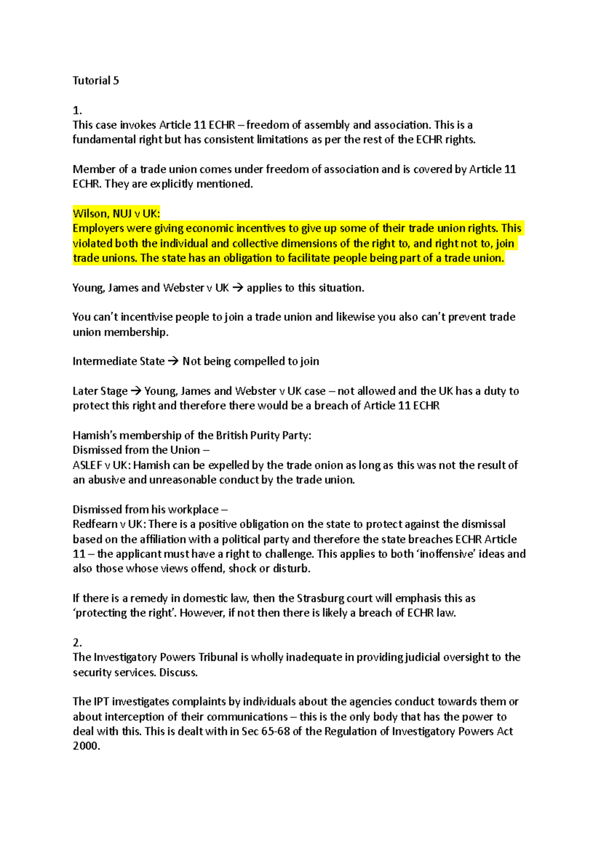 ECHR Article 11 & IPT Case Law: Tutorial 5 Notes - Studocu