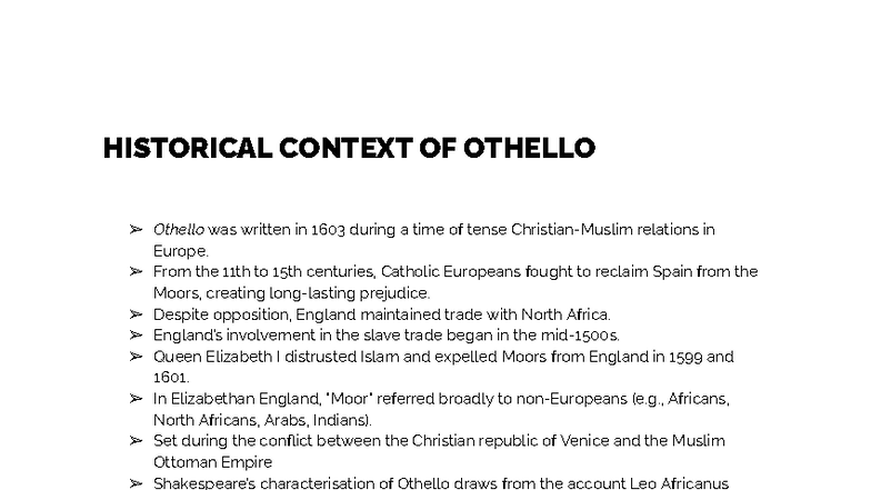 HIST 101: Historical Context and Themes in Othello Analysis - Studocu