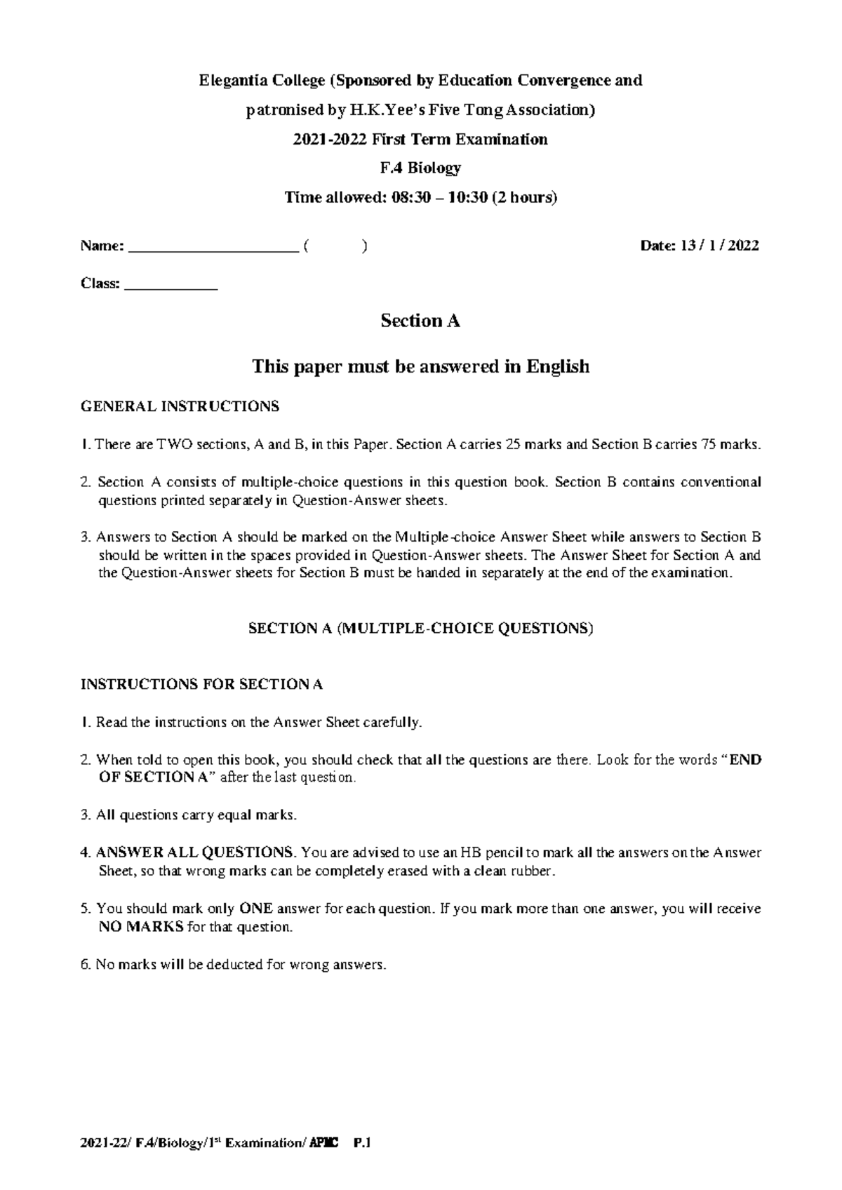 F.4 Biology First Term Exam (2021-2022) Question Paper - Studocu