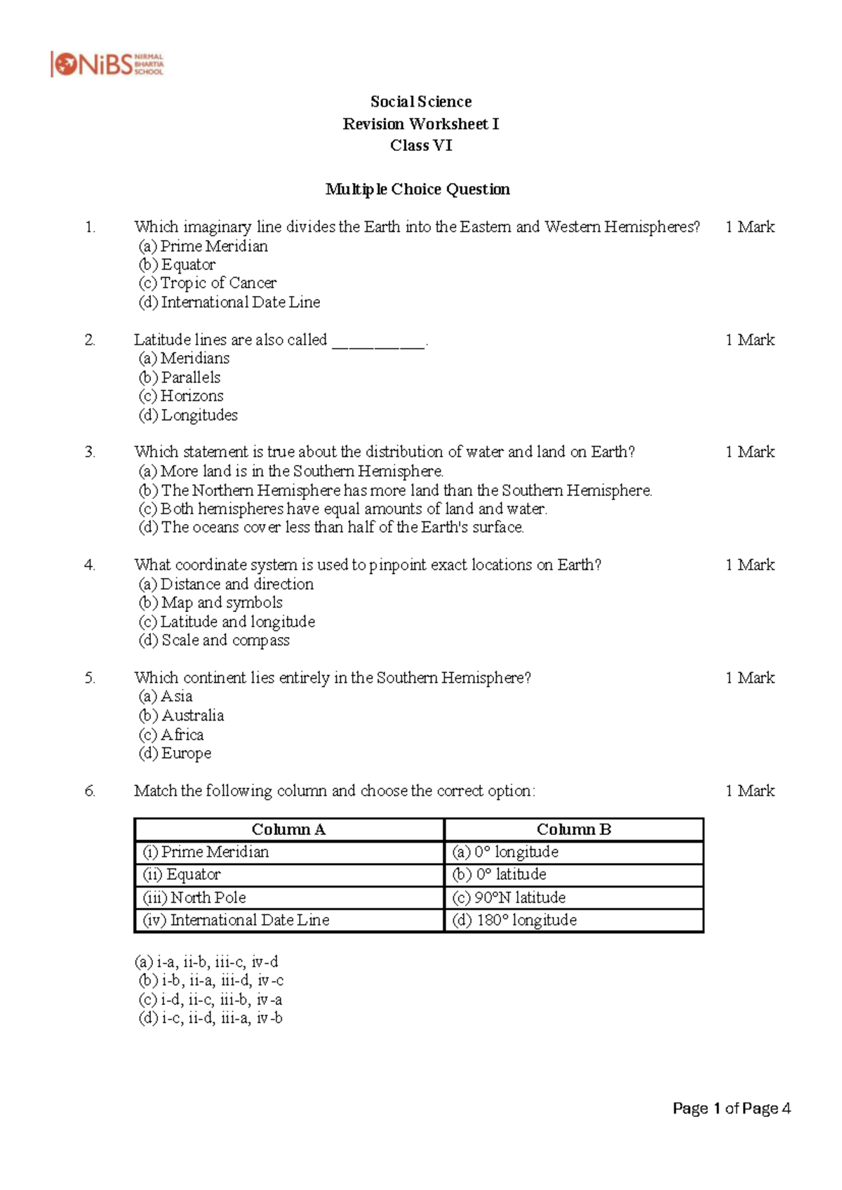 Social Science Revision Worksheet I for Class VI: MCQs & Short Answers ...