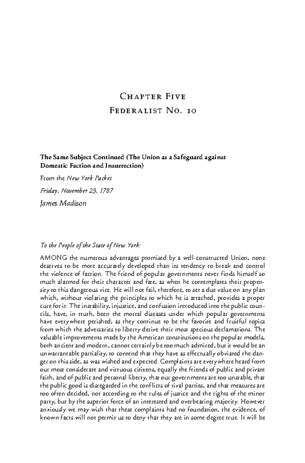 Chapter 5: Federalist No. 10 - The Union as a Safeguard Against Faction ...