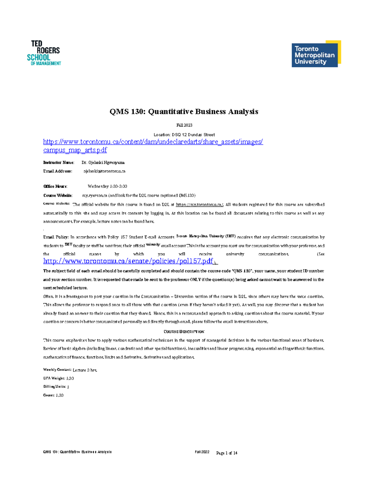 QMS130 Updated Course Outline for Quantitative Business Analysis 2023 ...