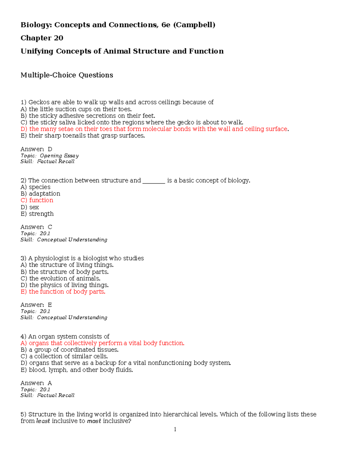 CC6 20 Biology Test Bank: Animal Structure and Function MCQs - Studocu
