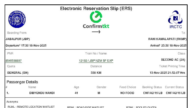 ERS Ticket Details: JBP to RKMP - Train 12192, Class 2A - Studocu