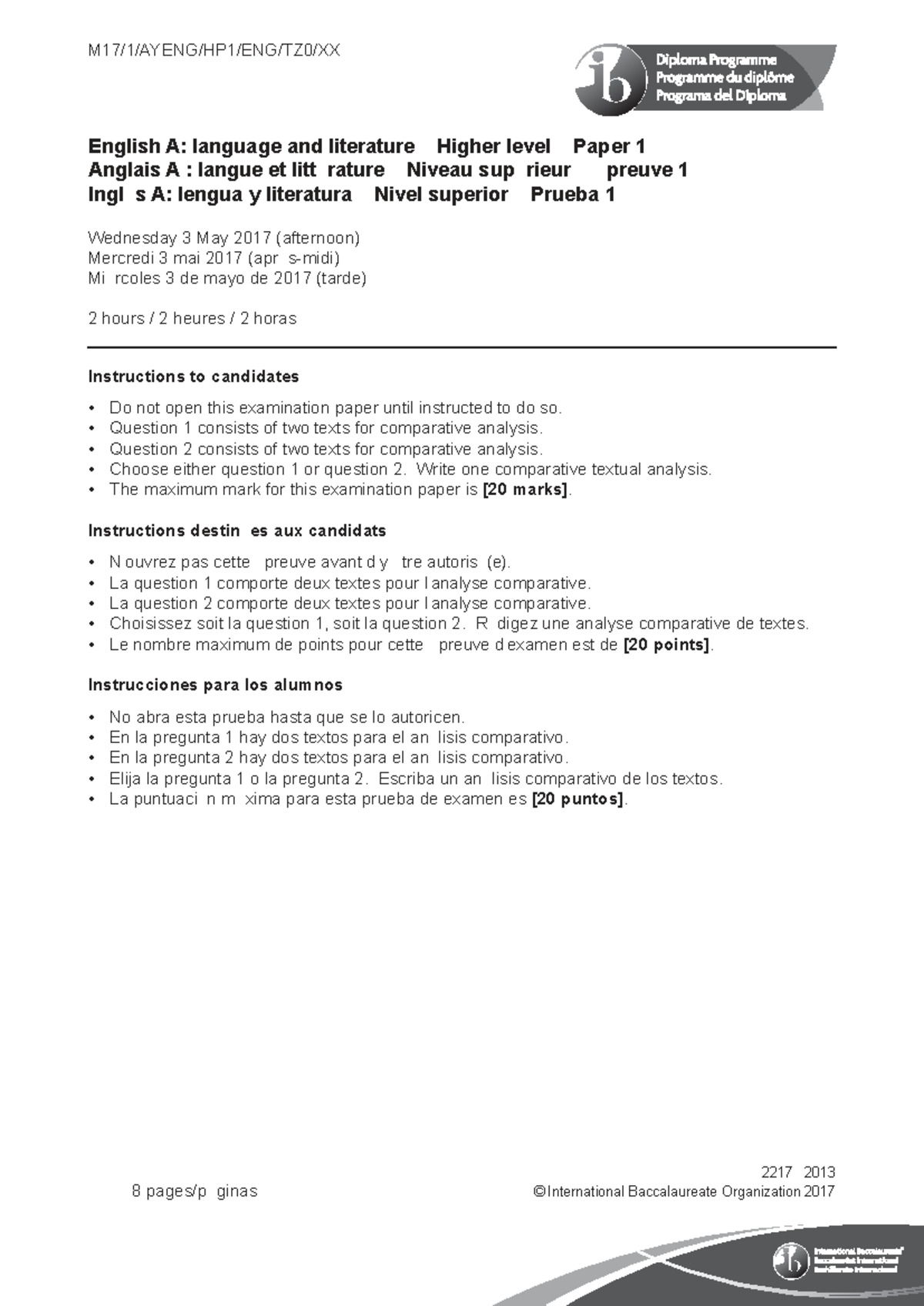 English A: Language and Literature HL Paper 1 Comparative Analysis ...