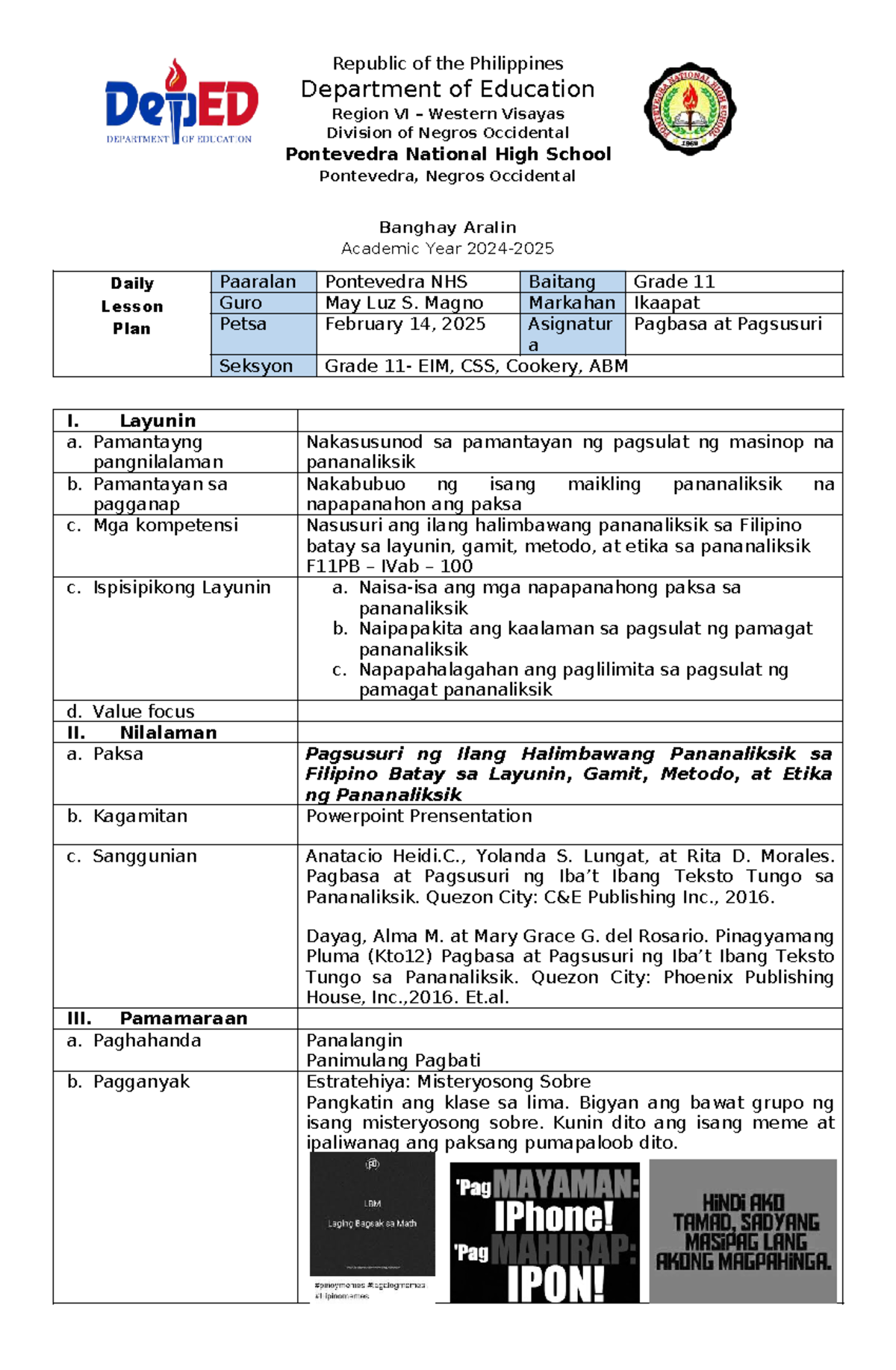 Banghay Aralin sa Pagbasa at Pagsusuri ng Iba't-Ibang Teksto (Grade 11 ...