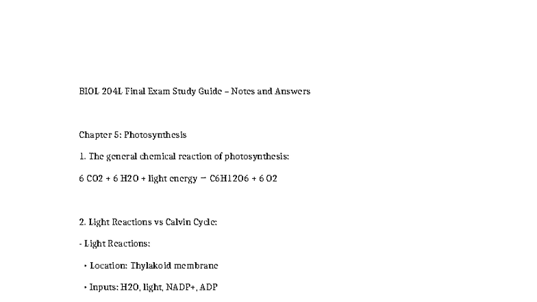 BIOL 204L Final Exam Study Guide: Photosynthesis & Cellular Respiration - Studocu