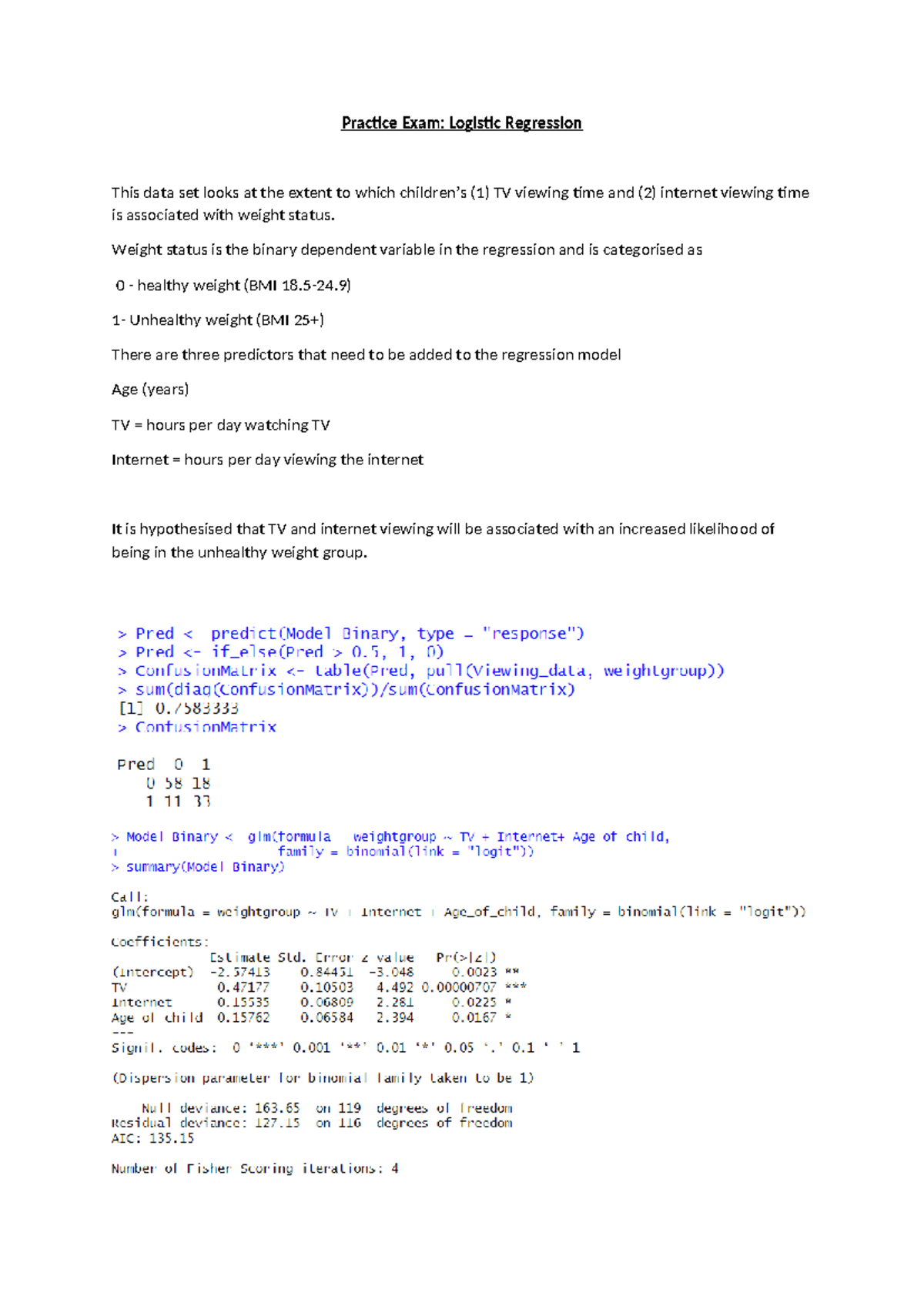 Practice Exam: Logistic Regression Analysis on Weight Status - Studocu